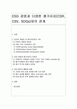 [ESG경영] ESG 경영과 다양한 평가지표(CSR, CSV, SDGs)와의 관계-1페이지