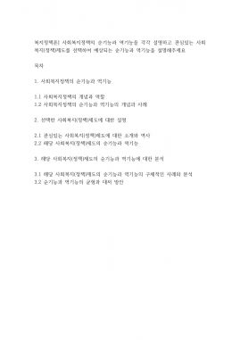 복지정책론] 사회복지정책의 순기능과 역기능을 각각 설명하고 관심있는 사회복지(정책)제도를 선택하여 예상되는 순기능과 역기능을 설명해주세요-1페이지