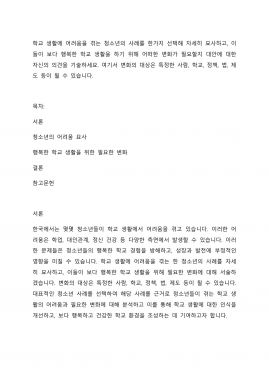 학교 생활에 어려움을 겪는 청소년의 사례를 한가지 선택해 자세히 묘사하고, 이들이 보다 행복한 학교 생활을 하기 위해 어떠한 변화가 필요할지 대안에 대한 자신의 의견을 기술하세요. 여기서 변화의 대상은 특정한 사람, 학교, 정책, 법, 제도 등이 될 수 있습니다.-1페이지