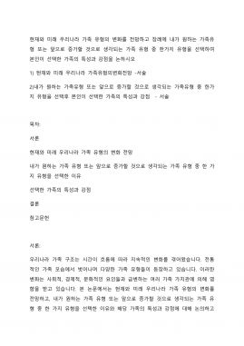 현재와 미래 우리나라 가족 유형의 변화를 전망하고 장례에 내가 원하는 가족유형 또는 앞으로 증가할 것으로 생각되는 가족 유형 중 한가지 유형을 선택하여 본인이 선택한 가족의 특성과 강점을 논하시오-1페이지