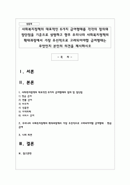 사회복지정책의 대표적인 6가지 급여형태를 각각의 정의와 장단점을 기준으로 설명하고 향후 우리나라 사회복지정첵의 확대과정에서 가장 우선적으로 고려되어야할 급여형태-1페이지