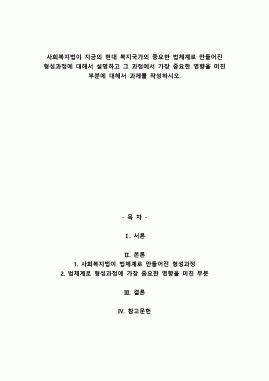 A+사회복지법이 지금의 현대 복지국가의 중요한 법체계로 만들어진 형성과정에 대해서 설명하고 그 과정에서 가장 중요한 영향을 미친 부분에 대해서 과제를 작성하시오-1페이지