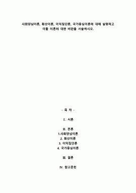 A+사회양심이론, 확산이론, 이익집단론, 국가중심이론에 대해 설명하고 이들 이론에 대한 비판을 서술하시오-1페이지