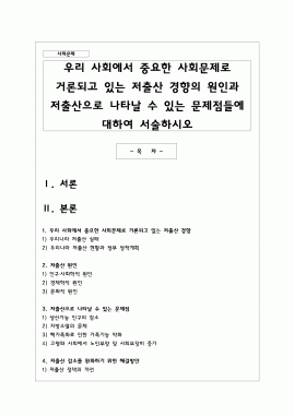 우리 사회에서 중요한 사회문제로 거론되고 있는 저출산 경향의 원인과 저출산으로 나타날 수 있는 문제점들에 대하여 서술하시오-1페이지