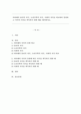 피아제의 물리적 지식, 논리수학적 지식, 사회적 지식을 비교하여 정리하고 각각의 지식을 획득하기 위한 예를 제시하시오.-1페이지