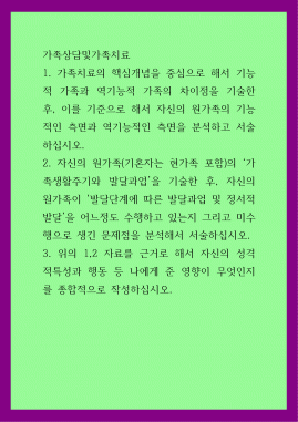 가족상담및가족치료 ) 가족치료의 핵심개념을 중심으로 해서 기능적 가족과 역기능적 가족의 차이점을 기술한 후, 이를 기준으로 해서 자신의 원가족의 기능적인 측면과 역기능적인 측면을 분석하고 서술하십시오-1페이지