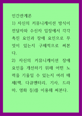 인간관계론 ) 1) 자신의 커뮤니케이션 방식이 전달자와 수신자 입장에서 각각 촉진 요인과 장애 요인으로 무엇이 있는지 구체적으로 써본다-1페이지