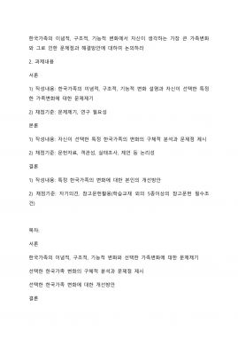 한국가족의 이념적, 구조적, 기능적 변화에서 자신이 생각하는 가장 큰 가족변화와 그로 인한 문제점과 해결방안에 대하여 논의하라-1페이지