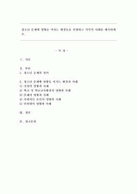 청소년 문제에 영향을 미치는 환경들을 설명하고 각각의 사례를 제시하세요.-1페이지