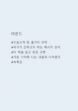 아몬드 독후감 (아몬드 소설소개 및 줄거리 요약 / 작가가 전하고자 하는 메시지 분석과 이 책을 읽고 얻은 교훈 / 아몬드에서 가장 기억에 나는 내용과 나의생각 및 독후감)-1페이지