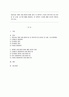 영유아를 위한 실내 환경구성에 있어 각 영역의 구성과 갖추어야 할 놀잇감 및 교재,교구에 대해 설명하고 각 영역의 구성에 대한 자신의 생각을 적으시오.-1페이지