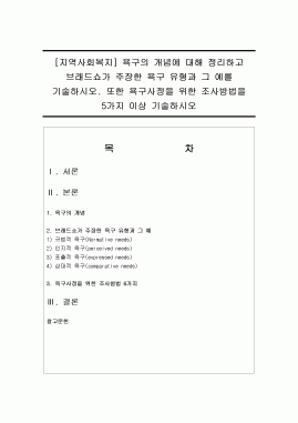 [지역사회복지] 욕구의 개념에 대해 정리하고 브래드쇼가 주장한 욕구 유형과 그 예를 기술하시오. 또한 욕구사정을 위한 조사방법을 5가지 이상 기술하시오-1페이지