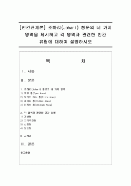 [인간관계론] 조하리(Johari) 창문의 네 가지 영역을 제시하고 각 영역과 관련한 인간 유형에 대하여 설명하시오-1페이지