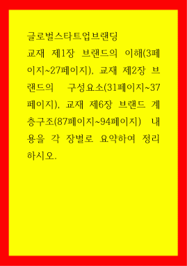 글로벌스타트업브랜딩 교재 제1장 브랜드의 이해(3페이지-27페이지, 교재 제2장 브랜드의 구성요소(31페이지-37페이지, 교재 제6장 브랜드 계층구조(87페이지-94페이지 내용을 각 장별로 요약하-1페이지