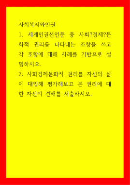 사회복지 세계인권선언문 중 사회,경제,문화적 권리를 나타내는 조항을 쓰고 각 조항에 대해 사례를 기반으로 설명하시오-1페이지