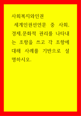 사회복지인권 세계인권선언문 중 사회,경제,문화적 권리를 나타내는 조항을 쓰고 각 조항에 대해 사례를 기반으로 설명하시오-1페이지