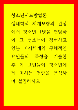 청소년지도방법 생태학적 체계모형의 관점에서 청소년 1명을 면담하여 그 청소년이 경험하고 있는 미시체계의 구체적인 요인들의 특성을 기술한 후 이 요인들이 청소년에게 미치는 영향을 분석하여 설명하시오-1페이지