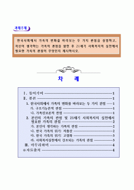 한국사회에서 가족의 변화를 바라보는 두 가지 관점을 설명하고,  자신이 생각하는 가족의 관점을 밝힌 후 21세기 사회복지의 실천에서 필요한 가족의 관점이 무엇인지 제시하시오.-1페이지