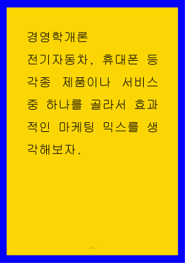 전기자동차 휴대폰 등 각종 제품이나 서비스 중 하나 골라서 효과적인 마케팅 믹스를 생각. 경영학 개론-1페이지