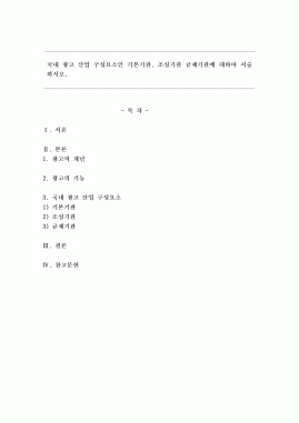 국내 광고 산업 구성요소인 기본기관, 조성기관 규제기관에 대하여 서술하시오.-1페이지