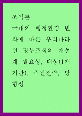 조직론) 국내외 행정환경 변화에 따른 우리나라 현 정부조직의 재설계 필요성, 대상(1개 기관), 추진전략, 방향성-1페이지