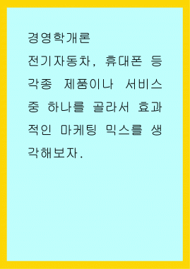 경영학) 전기자동차, 휴대폰 각종 제품이나 서비스 중 하나를 골라서 효과적인 마케팅 믹스를 생각해보자-1페이지