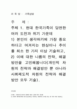 가족상담_한울 현대 한국가족이 당면한 여러 도전과 위기 가운데 1) 본인이 생각하기에 가장 중요하다고 여겨지는 현상이나 추이를 최소 한 가지 이상 기술하고, 2) 이에 대한 나름의 전략, 해결방안을 고민해봅니다(개인적 차원의 전략과 해결방안 뿐 아니라 사회제도적 차원의 전략과 해결방안 모두 기술-1페이지