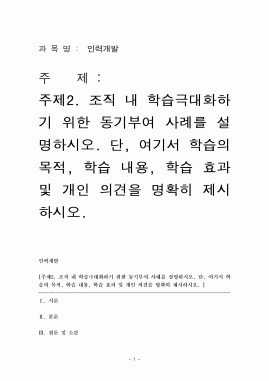 인력개발_한울평생교육, 조직 내 학습극대화하기 위한 동기부여 사례를 설명하시오. 단, 여기서 학습의 목적, 학습 내용, 학습 효과 및 개인 의견을 명확히 제시하시오.-1페이지