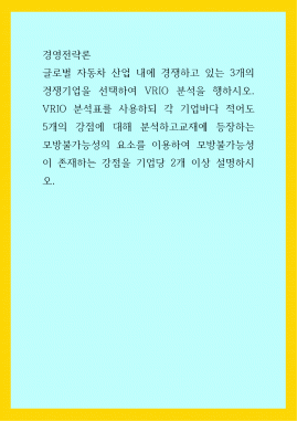 경영전략론) 글로벌 자동차 산업 내에 경쟁하고 있는 3개의 경쟁기업을 선택하여 VRIO 분석을 행하시오-1페이지