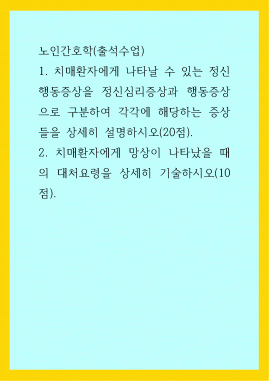 노인간호학(출석수업)) 1치매환자에게 나타날 수 있는 정신행동증상을 정신심리증상과 행동증상으로 구분하여 각각에 해당하는 증상들을 상세히 설명하시오-1페이지