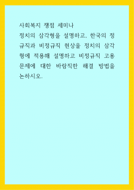 정치의 삼각형을 설명, 사회복지 쟁점 세미나, 한국의 정규직과 비정규직 현상을 정치의 삼각형에 적용해 설명하고 비정규직 고용문제에 대한 바람직한 해결 방법을 논하시오-1페이지