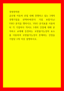 경영전략론) 글로벌 자동차 산업 내에 경쟁하고 있는 3개의 경쟁기업을 선택하여(한국 기업 포함가능) VRIO 분석을 행하시오 VRIO 분석표를 사용하되 각 기업마다 적어도 5개의 강점에 대해 분석하고 교재에 등장하-1페이지