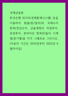 국제금융론) 한국은행 ECOS(경제통계시스템) 등을 이용하여 환율(원달러)과 국제수지 항목(경상수지, 금융계정의 직접투자, 증권투자, 준비자산 항목만)들의 시계열(분기별)을 각각 그래프로 그리시오 (자료의 기간은 (3)-1페이지