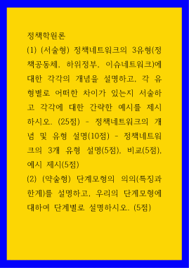 정책학원론) 정책네트워크의 3유형(정책공동체, 하위정부, 이슈네트워크)에 대한 각각의 개념을 설명하고, 각 유형별로 어떠한 차이가 있는지 서술하고 각각에 대한 간략한 예시를 제시하시오 (25점) - 정책네트워크의-1페이지