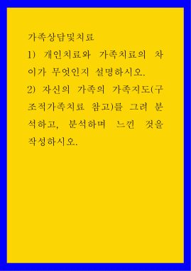 가족상담및치료) 1) 개인치료와 가족치료의 차이가 무엇인지 설명하시오 2) 자신의 가족의 가족지도(구조적가족치료 참고)를 그려 분석하고, 분석하며 느낀 것을 작성하시오-1페이지