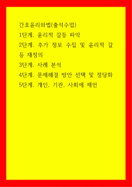 간호윤리와법(출석수업)) 1단계 윤리적 갈등 파악 2단계 추가 정보 수집 및 윤리적 갈등 재정의 3단계 사례 분석 4단계 문제해결 방안 선택 및 정당화 5단계 개인, 기관, 사회에 제언-1페이지