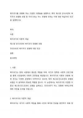 복지국가를 유형화 하는 다양한 이론들을 설명하고, 특히 에스핑 안드르센의 복지국가 유형화 모형 중 우리나라는 어느 유형에 속하는 지에 대한 학습자의 의견을 설명하시오-1페이지