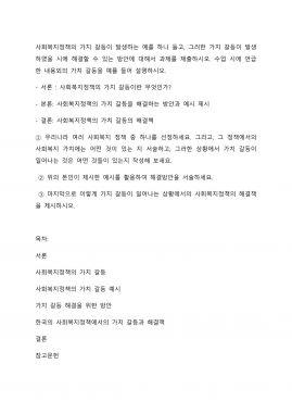 사회복지정책의 가치 갈등이 발생하는 예를 하나 들고, 그러한 가치 갈등이 발생하였을 시에 해결할 수 있는 방안에 대해서 과제를 제출하시오. 수업 시에 언급한 내용외의 가치 갈등을 예를 들어 설명하시오.-1페이지