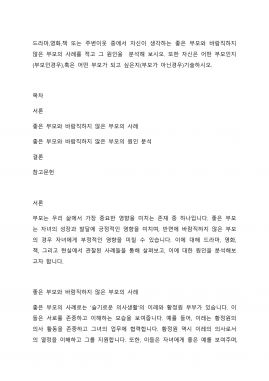 드라마,영화,책 또는 주변이웃 중에서 자신이 생각하는 좋은 부모와 바람직하지 않은 부모의 사례를 적고 그 원인을  분석해 보시오. 또한 자신은 어떤 부모인지(부모인경우),혹은 어떤 부모가 되고 싶은지(부모가 아닌경우)기술하시오.-1페이지