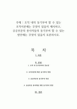 조직 내의 동기부여 할 수 있는 조직이론에는 무엇이 있을지 제시하고, 공공부문의 종사자들의 동기부여 할 수 있는 방안에는 무엇이 있을지 토론하시오-1페이지