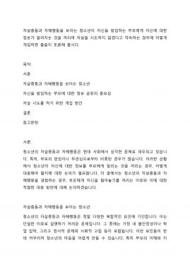 자살충동과 자해행동을 보이는 청소년이 자신을 방임하는 부모에게 자신에 대한 정보가 알려지는 것을 꺼리며 자살을 시도하지 않겠다고 약속하는 경우에 어떻게 개입하면 좋을지 토론해 봅시다.-1페이지