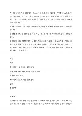 자신이 성장하면서 경험했던 청소년기 문제(어려움, 갈등)를 간단히 기술하고, 현재 언론 매체(신문, TV, 인터넷 등)에서 보도된 청소년문제 중 자신의 문제와 연관성이 있는 보도내용을 함께 소개하여, 이에 대한 원인과 사회복지 차원의 개입방향을 논하세요.-1페이지