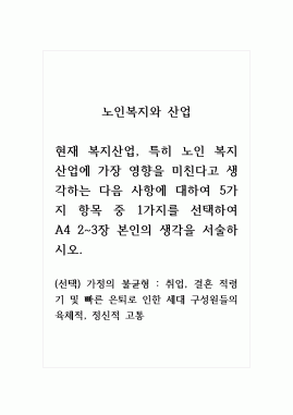 노인복지와산업_현재 복지산업, 특히 노인 복지산업에 가장 영향을 미친다고 생각하는 다음 사항에 대하여 5가지 항목 중 1가지를 선택하여 A4 2~3장 본인의 생각을 서술하시오-1페이지