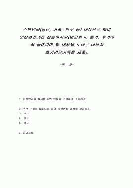 주변인물(동료, 가족, 친구 등) 대상으로 하여 임상면접과정 실습하시오(면담초기, 중기, 후기에 꼭 들어가야 할 내용을 토대로 내담자 초기면담기록을 제출).-1페이지