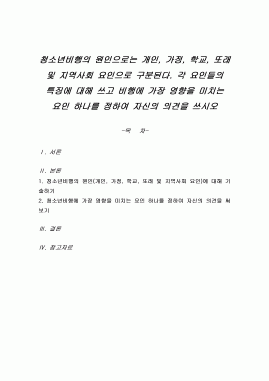 청소년비행의 원인으로는 개인, 가정, 학교, 또래 및 지역사회 요인으로 구분된다. 각 요인들의 특징에 대해 쓰고 비행에 가장 영향을 미치는 요인 하나를 정하여 자신의 의견을 쓰시오-1페이지