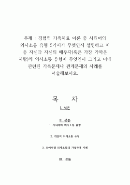 경험적 가족치료 이론 중 사티어의 의사소통 유형 5가지가 무엇인지 설명하고 이 중 자신과 자신의 배우자(혹은 가장 가까운 사람)의 의사소통 유형이 무엇인지 그리고 이에 관련된 가족문제나 관계문제의 사례를 서술해보시오-1페이지