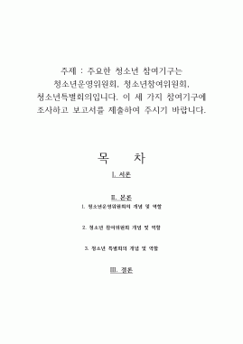 주요한 청소년 참여기구는 청소년운영위원회, 청소년참여위원회, 청소년특별회의입니다. 이 세 가지 참여기구에 조사하고 보고서를 제출하여 주시기 바랍니다.-1페이지