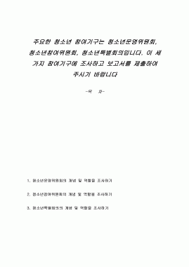 주요한 청소년 참여기구는 청소년운영위원회, 청소년참여위원회, 청소년특별회의입니다. 이 세 가지 참여기구에 조사하고 보고서를 제출하여 주시기 바랍니다-1페이지