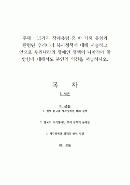 15가지 장애유형 중 한 가지 유형과 관련된 우리나라 복지정책에 대해 서술하고 앞으로 우리나라의 장애인 정책이 나아가야 할 방향에 대해서도 본인의 의견을 서술하시오-1페이지