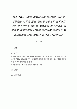 청소년활동진흥원 홈페이지를 참고하여 자신이 거주하는 지역에 있는 청소년기관에서 실시하고 있는 청소년프로그램 중 지역사회 청소년에게 꼭 필요한 프로그램의 내용을 정리하여 작성하고 왜 필요한지에 대한 본인의 생각을 기술하시오.-1페이지